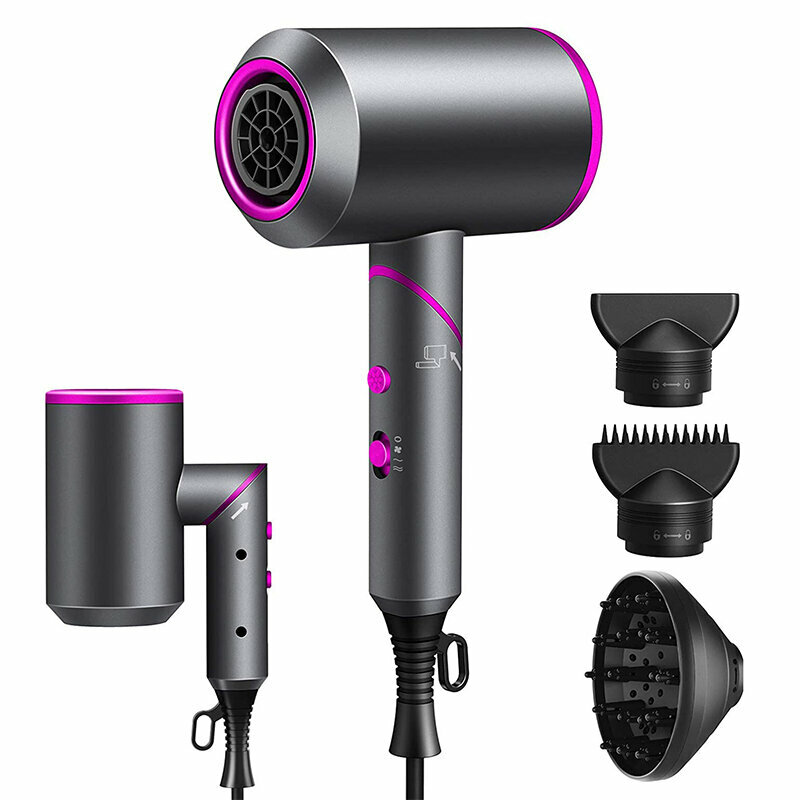 Beutyone Фен для волос 2000w рофессиональный фен со сменными насадками/ Складной фен для укладки 2023HD 2000 Вт, кол-во насадок 3, черно-серый