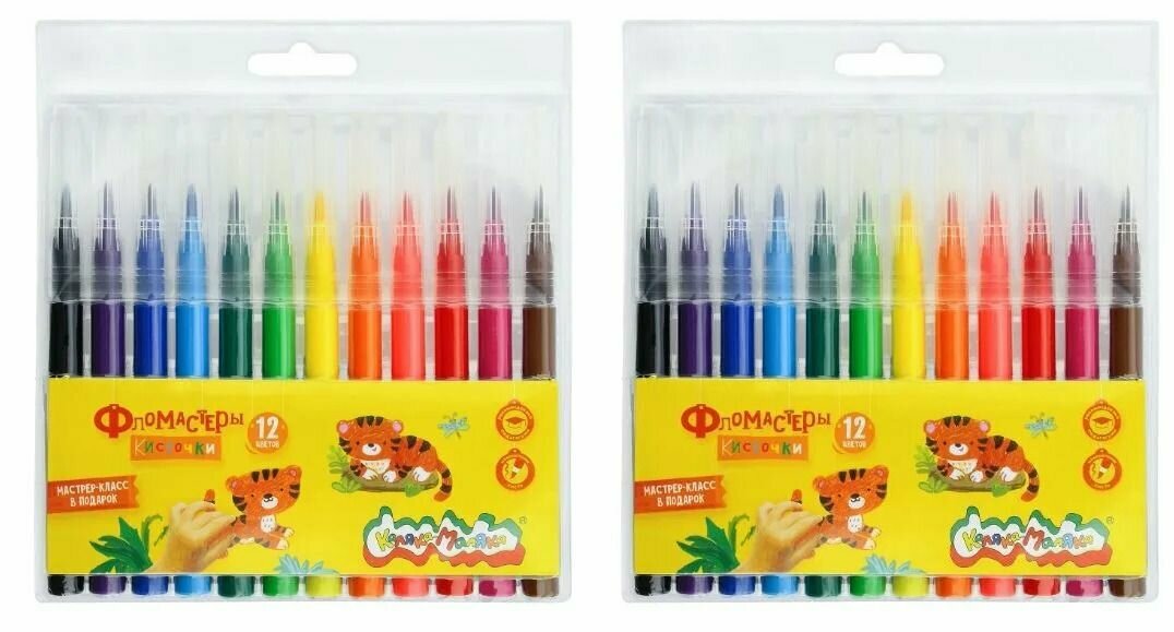 Каляка-Маляка Фломастеры-кисточки классические 12 цветов круглый корпус легкосмываемые 2 шт