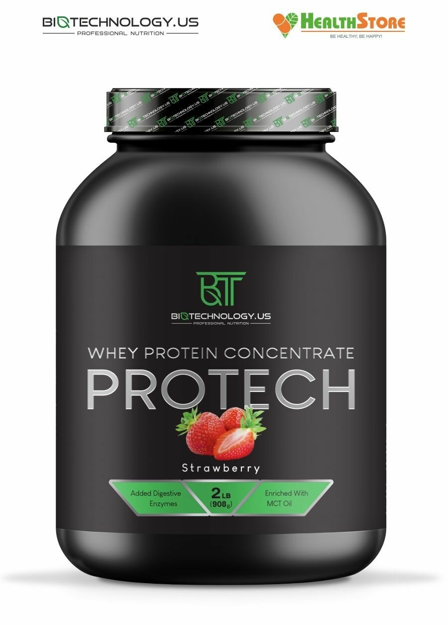 Biotechnology.US Whey Protein Concentrate PROTECH 0,9кг (клубника) сывороточный протеин, протеиновый коктейль с энзимами для лучшего усвоения белка США