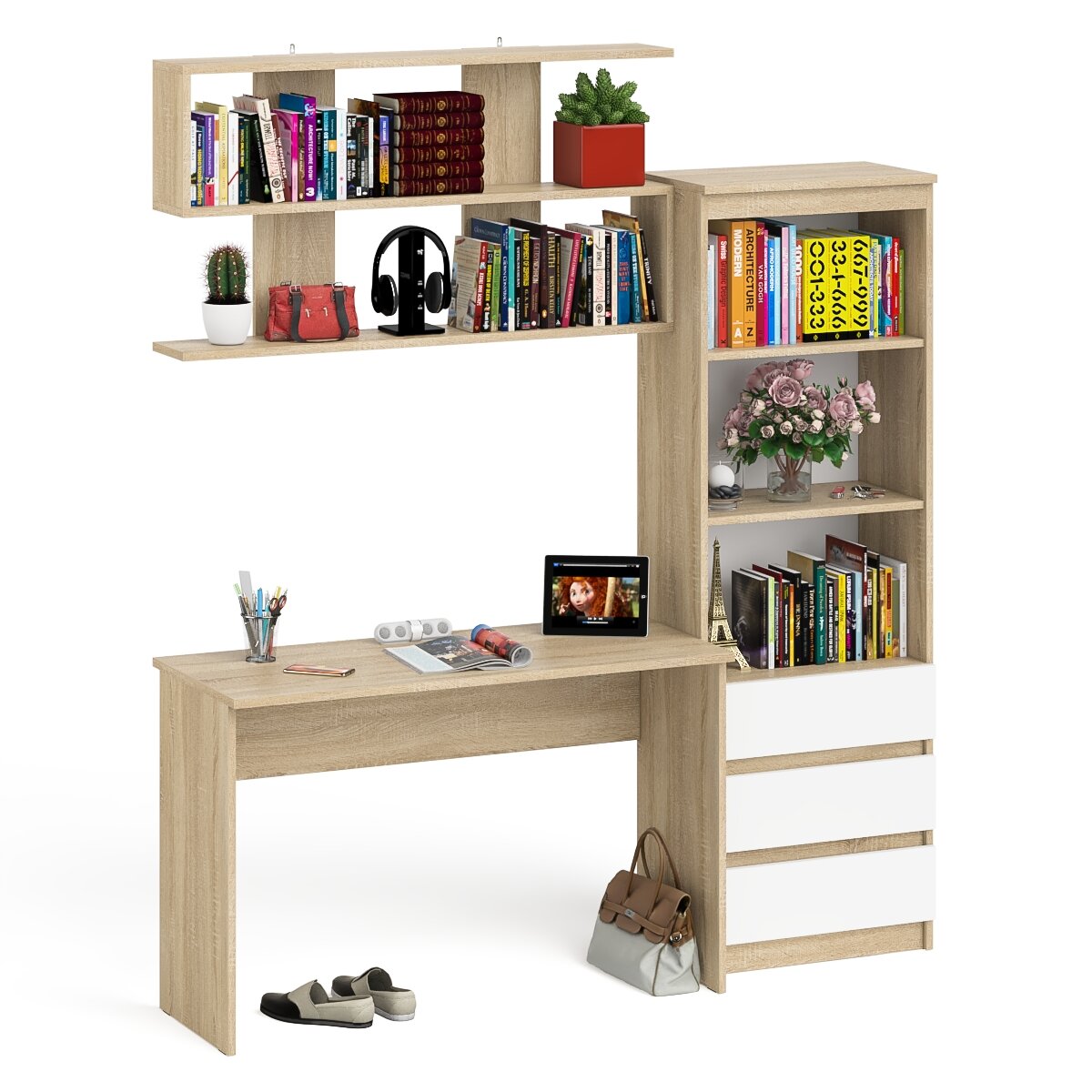 Стеллаж-комод СВК Мори МСТ1600.3 с письменным столом и навесной полкой цвет дуб сонома/белый