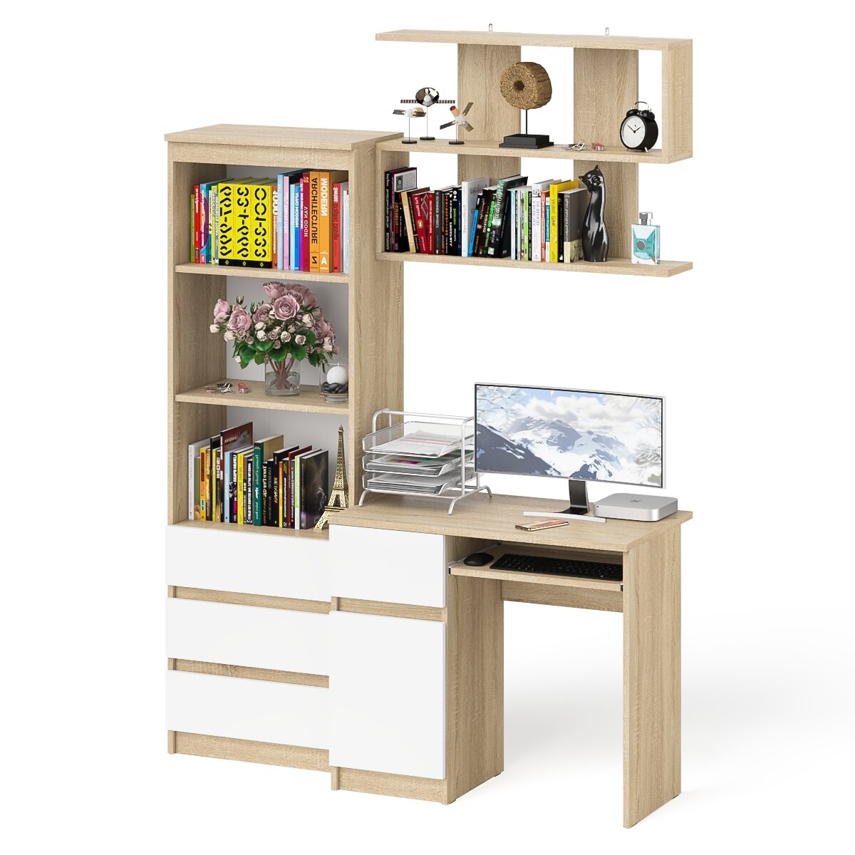 Рабочее место из стола СВК Мори МС-1 левый со стеллажоми и полкой дуб сонома/белый