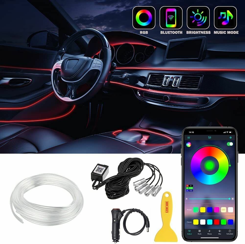 Контурная подсветка салона авто 6 модулей RGB многоцветная , гибкий неон 8 метров