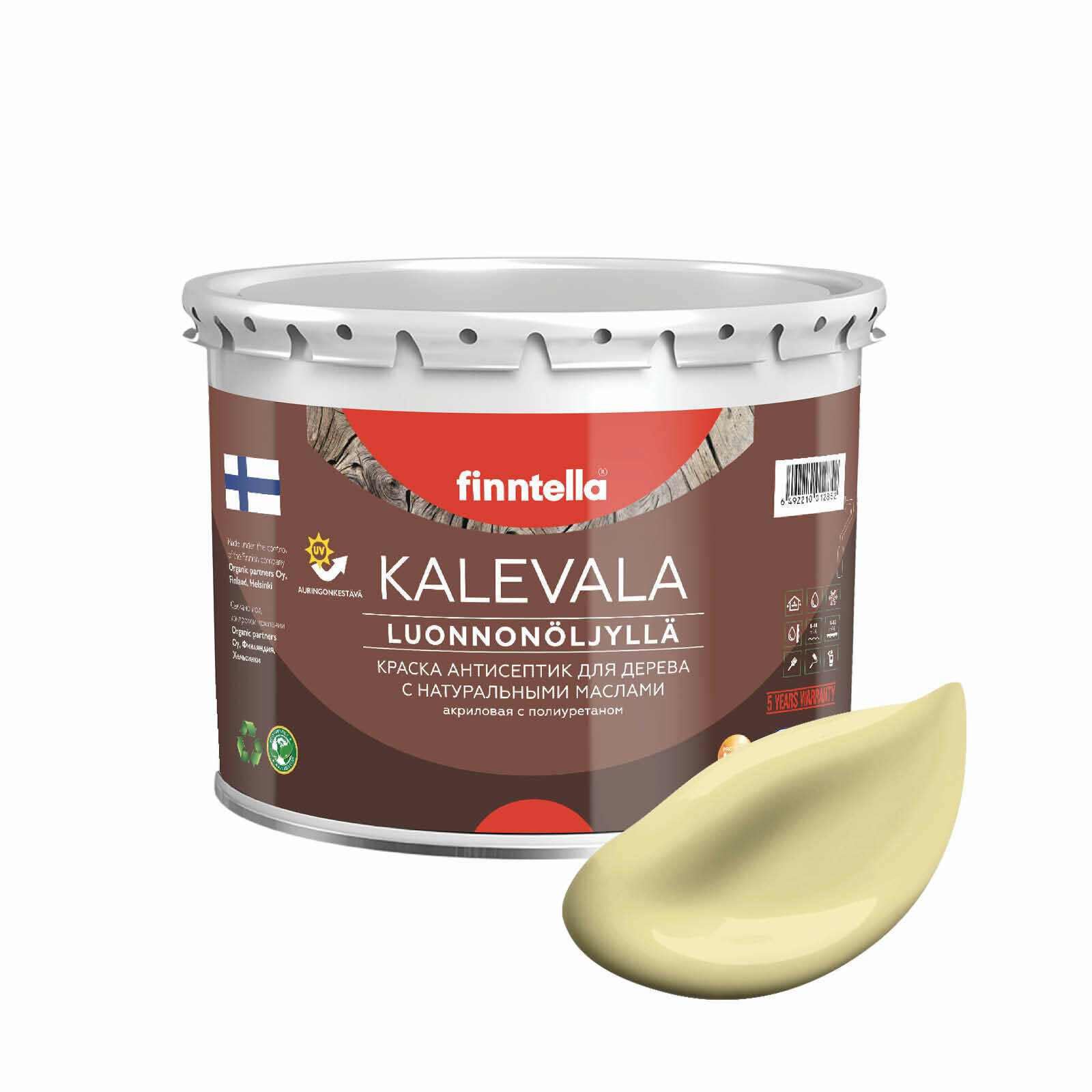 Краска для дерева и деревянных фасадов FINNTELLA KALEVALA, с натуральным маслом и полиуретаном, цвет HIRSSI (пастельно-желтый) , 2,7л