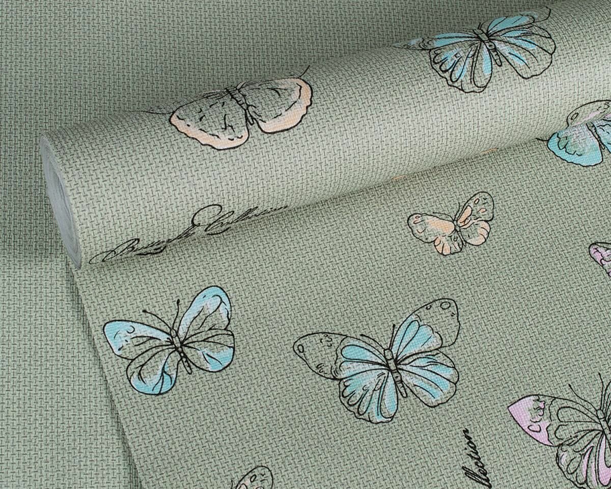 Обои бумажные с рисунком Бабочки04 на оливковом фоне 0,53*10м в комнату зеленые под рогожку на кухню в спальню