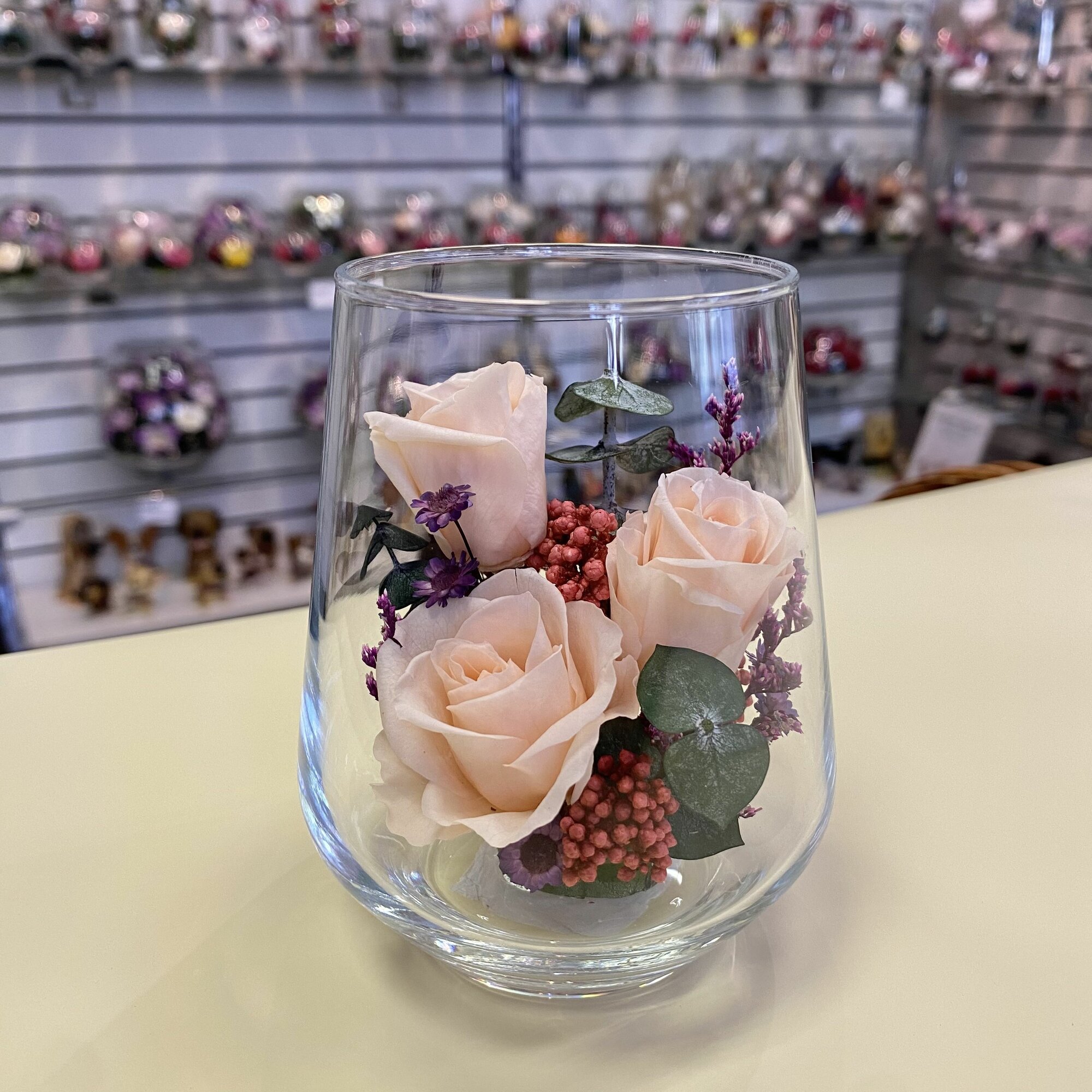 Натуральные кустовые розы в стекле, вакуум*