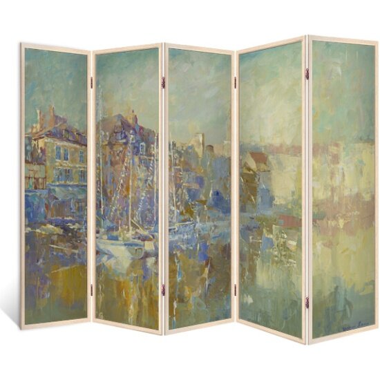 Ширма перегородка Декор Депо для комнаты деревянная "Онфлёр" двухсторонняя с картинкой (живопись) 5 створок кремовый дуб 176х230 см 18 кг
