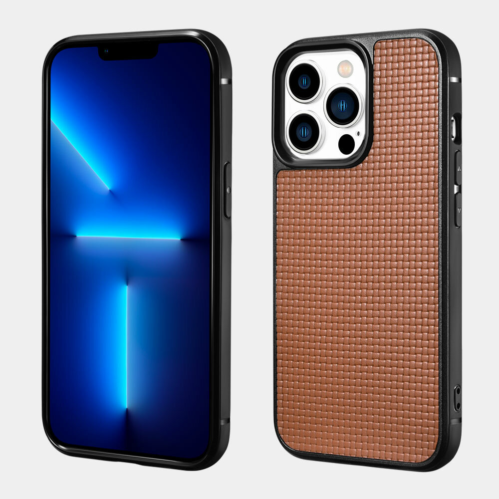 Чехол накладка из натуральной кожи IcareR Woven Pattern для iPhone 13 Pro Max, коричневый