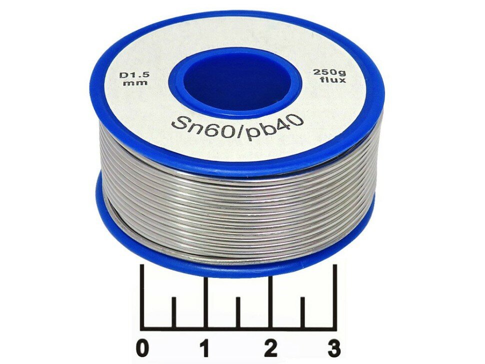 Припой 1.5мм 250гр олово(60%) свинец(40%) с флюсом на катушке