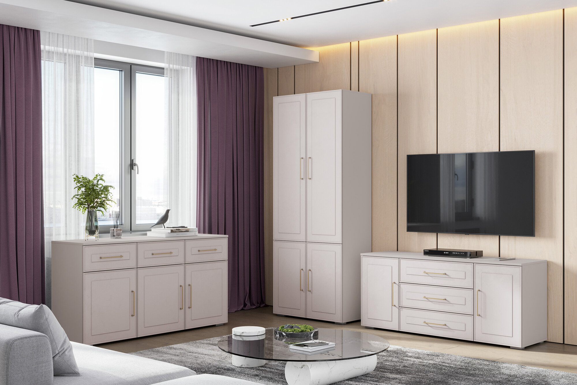 Стенка в гостиную Нонтон Антеро 3, кашемир / шампань, 380x45x210 см