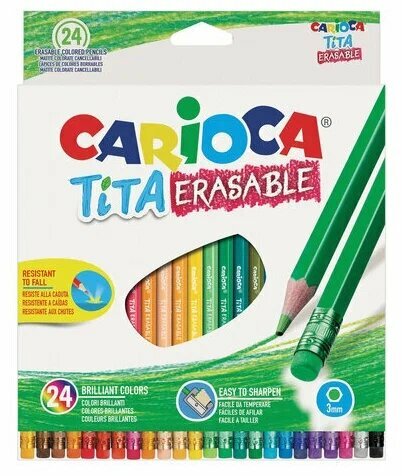 CARIOCA Карандаши цветные стираемые с резинкой carioca erasable , 24 цвета, пластик, шестигранные, заточенные, 42938