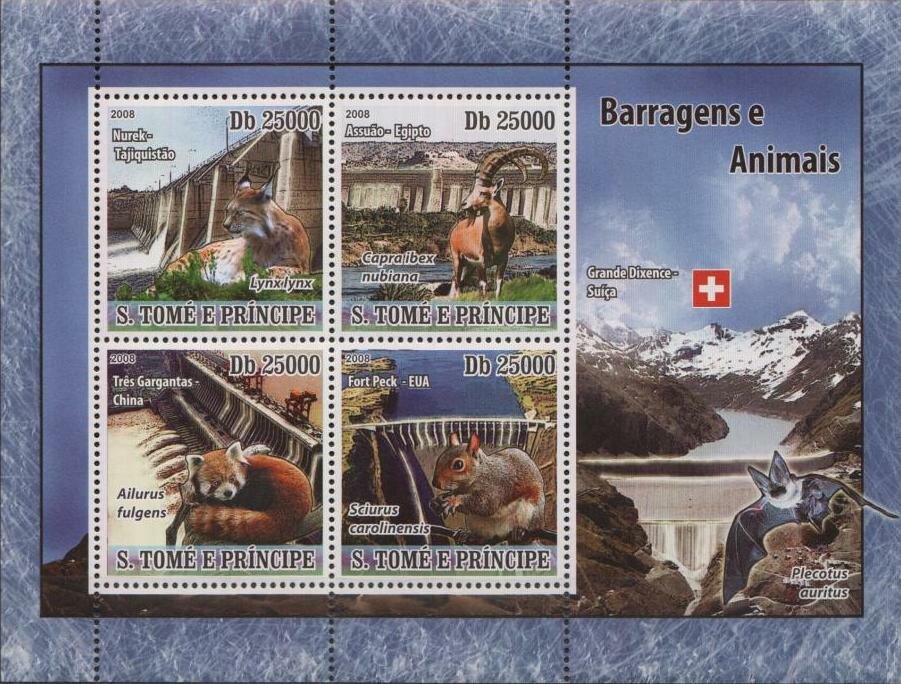 Почтовые марки Сан-Томе и Принсипи 2008г. "Фауна - Животные и плотины" Плотина, Фауна MNH