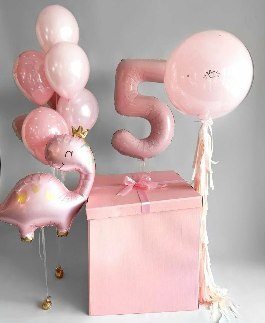 Нежно-розовая коробка-сюрприз с динозавриком и стеклянными шарами