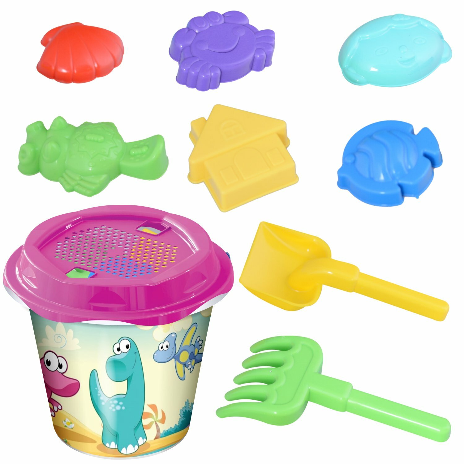 Набор для песочницы "10 предметов" (динозавры) ведёрко, крышка, лопатка, грабельки, 6 форм