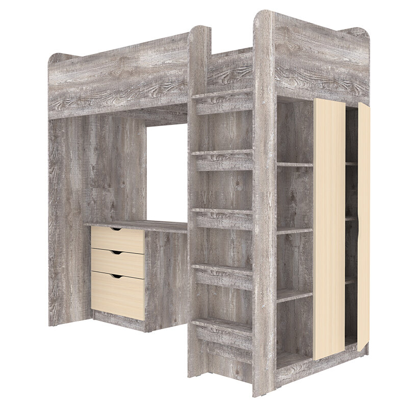 Кровать-чердак Polini Simple с письменным столом и шкафом Бетон Дуб Молочный