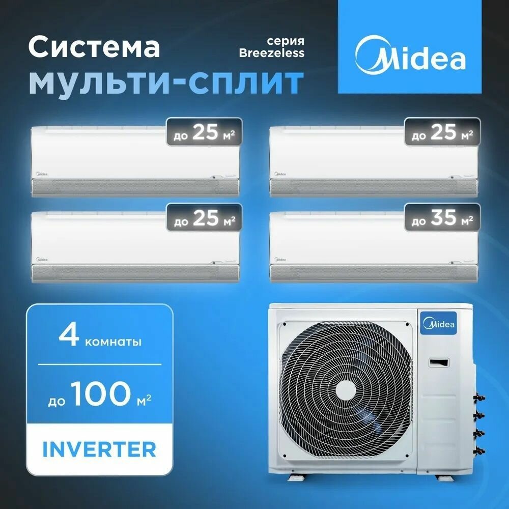 Мощная мульти сплит-система для 4х комнат Midea M4OB-36HFN8-Q1/MSFA2-09N8D6-I*3/MSFA2-12N8D6-I*1 (25 кв. м*3 + 35 кв. м)