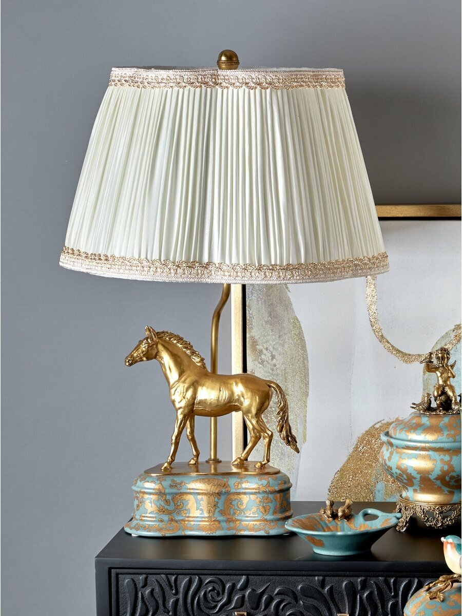 31G2304/LB999C/NB4199 Светильник с абажуром Лошадь 33x33x68см, фарфор, бронза, ткань, голубой, Glasar