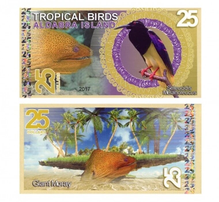 25 долларов 2017 остров Альдабра, тропические птицы, сувенирная копия боны, банкноты и купюры редкие коллекционные