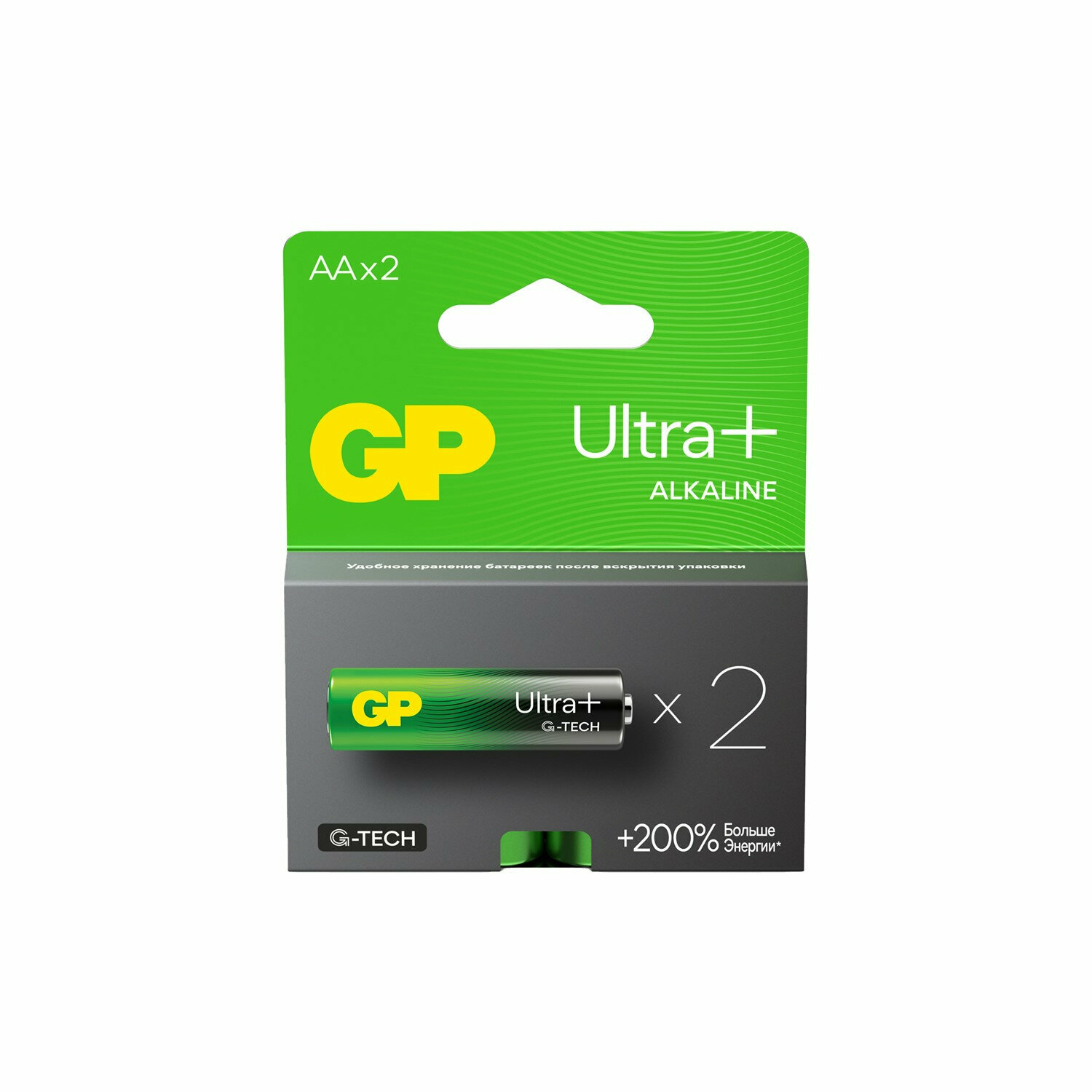 Батарейки GP 2 шт, Ultra Plus G-Tech, AA (LR6), алкалиновые, пальчиковые, 15AUPA21-2CRSB2