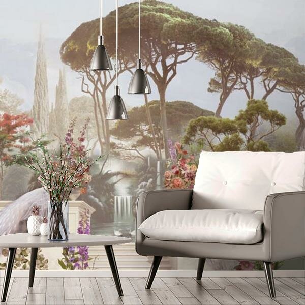 Фотообои Павлины в парке 13-017-S-Холст 270 x 200 см (ВхШ) Бесшовные, флизелиновые, влагостойкие обои MasterFresok