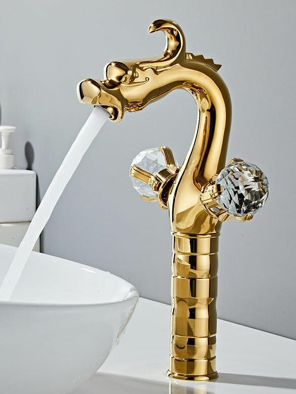 Смеситель для ванной комнаты в европейском стиле в форме дракона, двойная ручка из хрусталя, для горячей и холодной воды, латунь