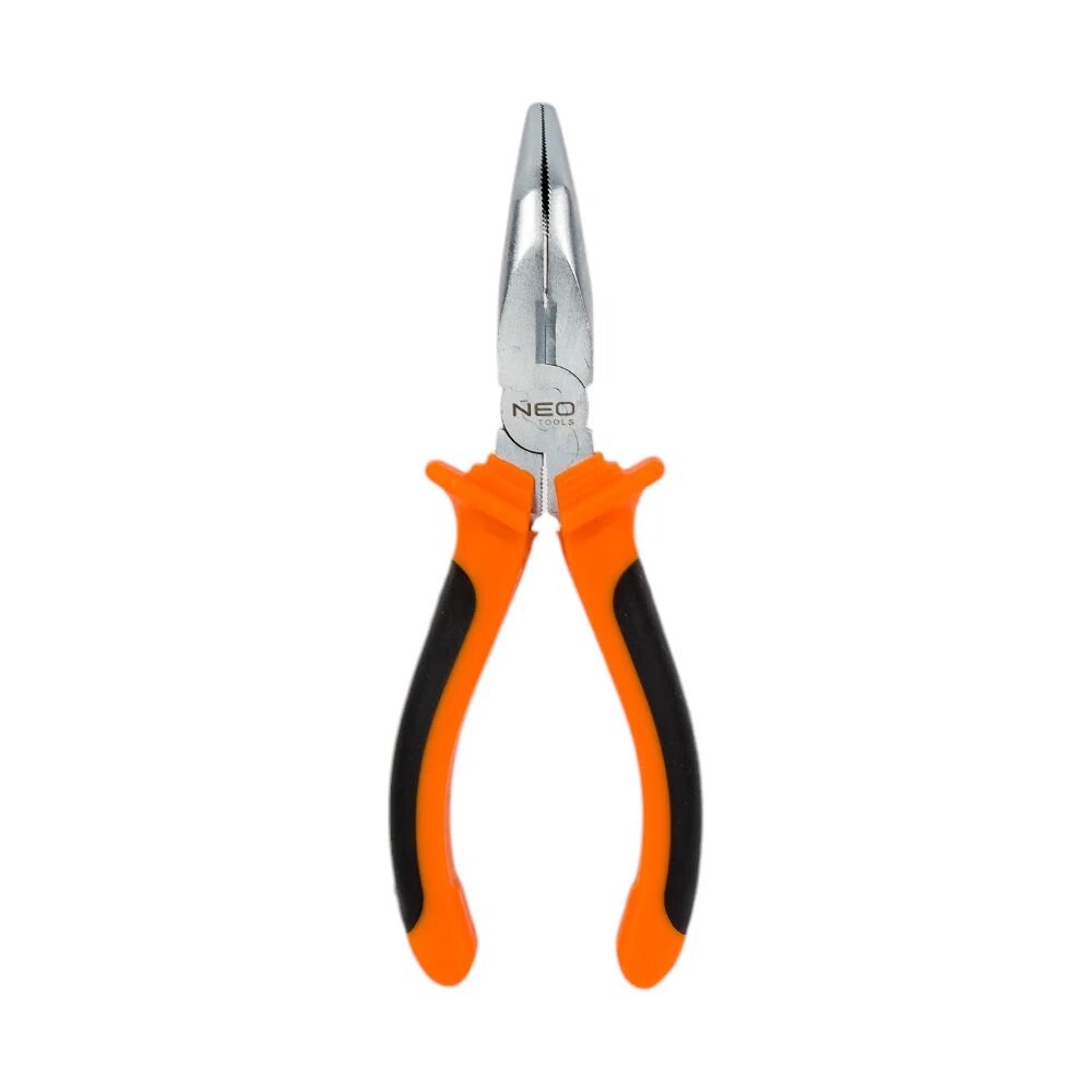 Удлиненные изогнутые плоскогубцы NEO Tools 160, стальные губки, оранжево‑черные рукоятки, насечка рабочей поверхности