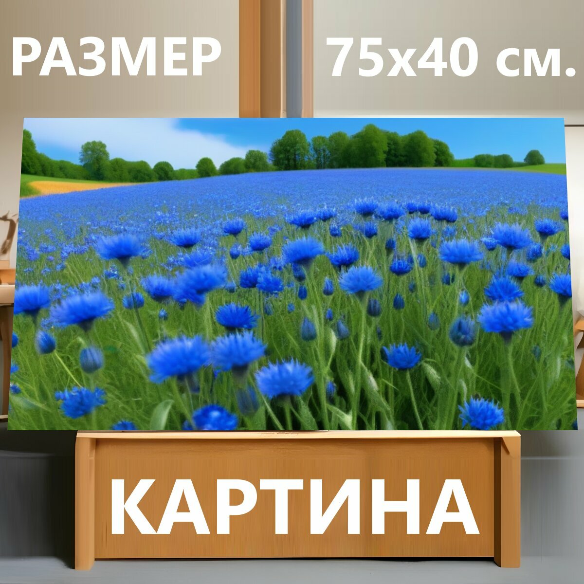 Картина на холсте "Утешение в поле васильков" на подрамнике 75х40 см. для интерьера