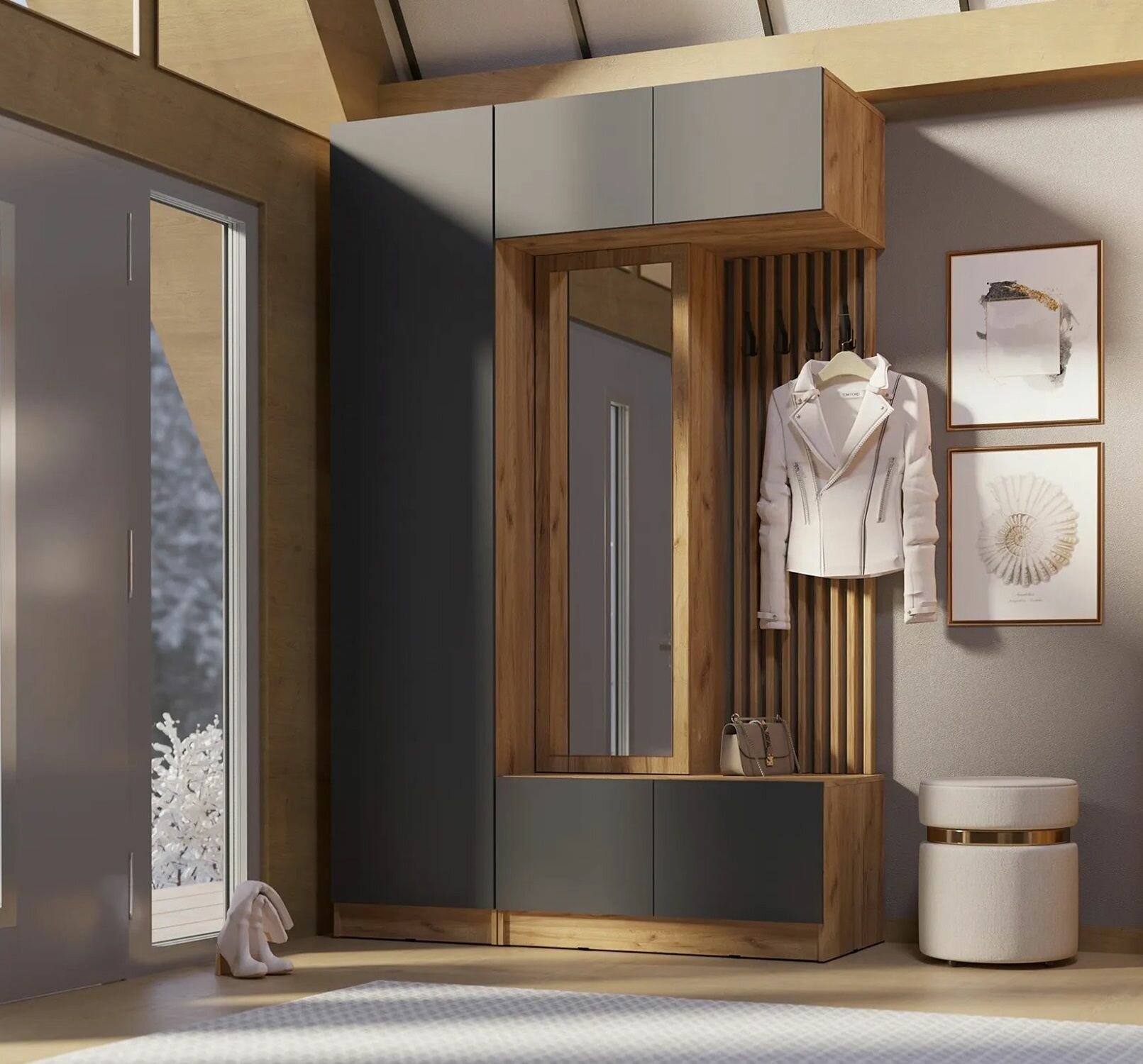 Прихожая Роджина-01, со шкафом, вешалкой и зеркалом, 155х240х52 см, ЛДСП, Дуб Крафт / Графит