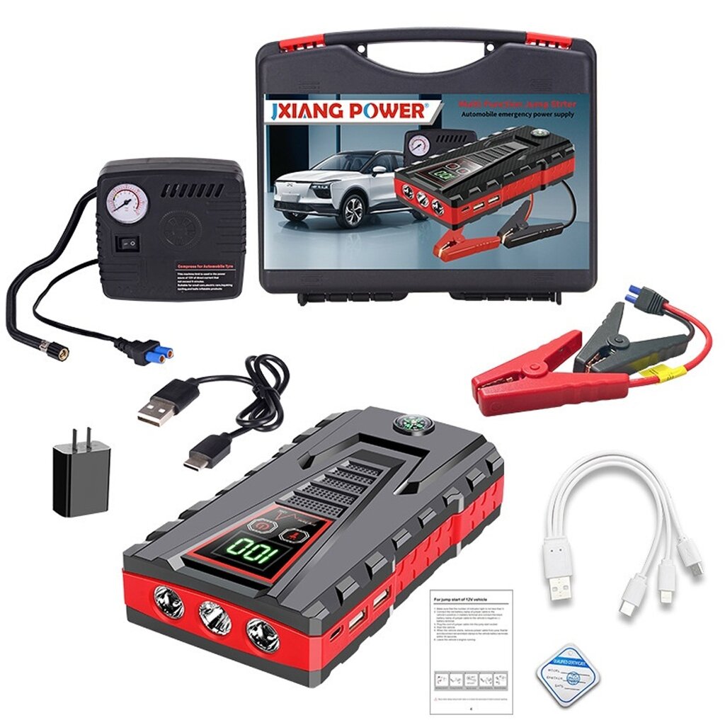 Автомобильная батарейная батарея Booster Chargersstarter Аварийный старт воздушный компрессор источник питания встроенный индикатор светодиозного фонарика