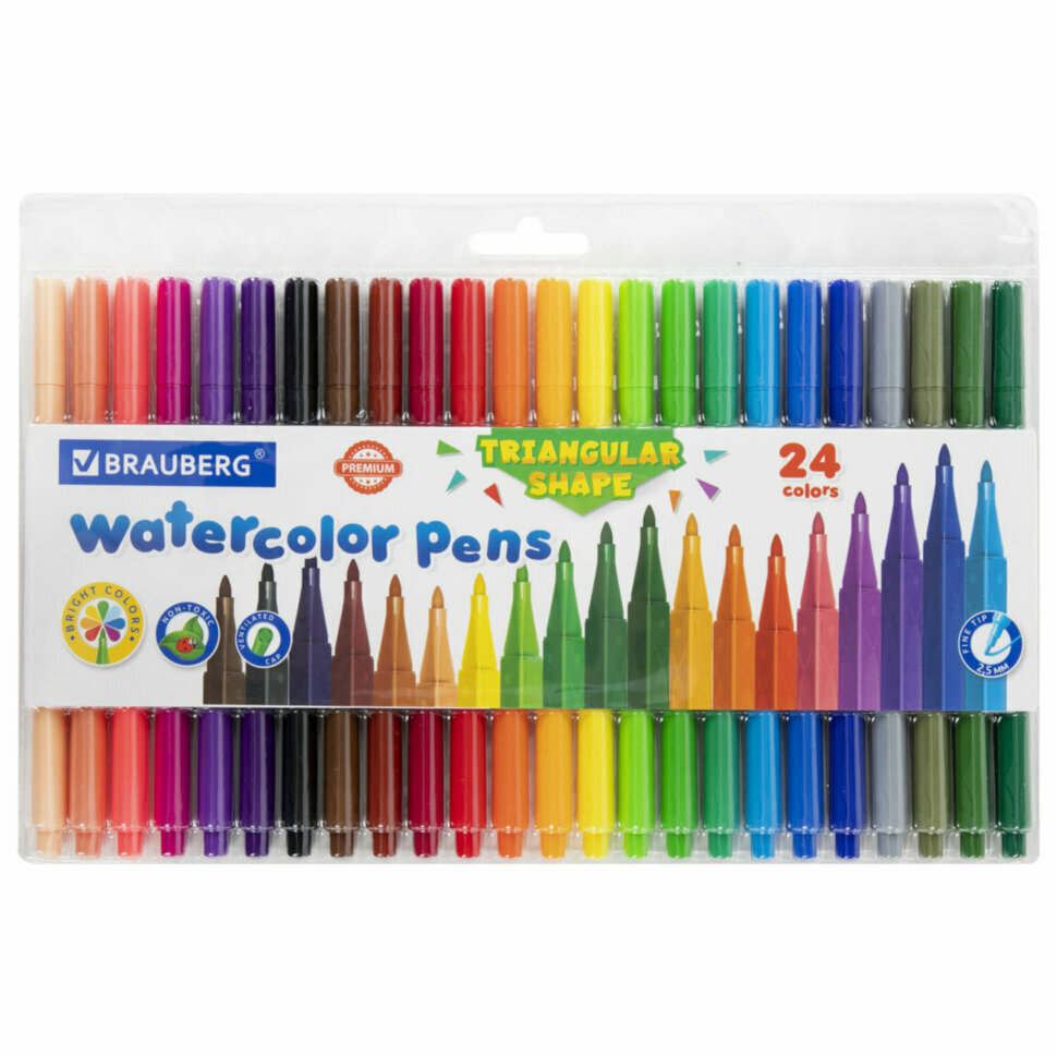 Фломастеры трехгранные 24 цвета, вентилируемый колпачок, BRAUBERG "PREMIUM", ПВХ-упаковка, 152194, 152194