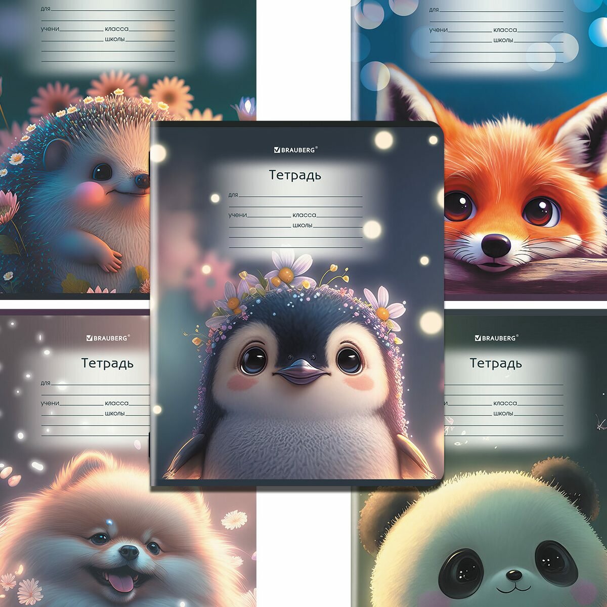 Тетрадь школьная 12л, А5 Brauberg "Зверушки" (косая линейка, скрепка, обложка картон) (107289), 20шт.