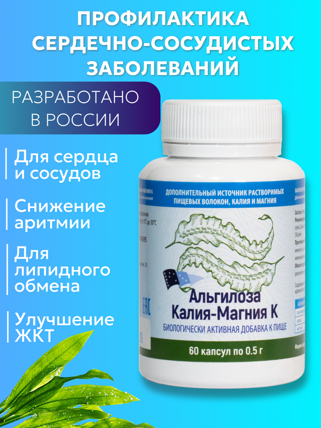 "Альгилоза калия магния К" из бурых водорослей / профилактика для сосудов / для жкт / нормализация липидного обмена