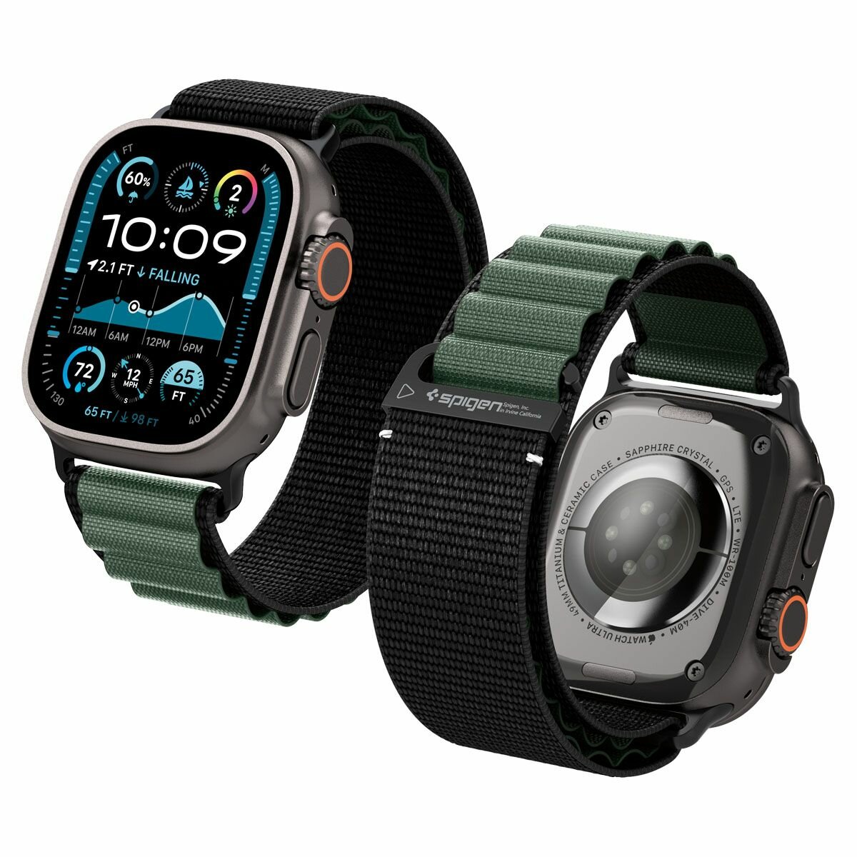 Ремешок Spigen на Apple Watch (49/46/45/44 mm) (AMP10223) Fabric Band (hook) / Спиген Ремешок для Эпл Вотч Черный/Зеленый