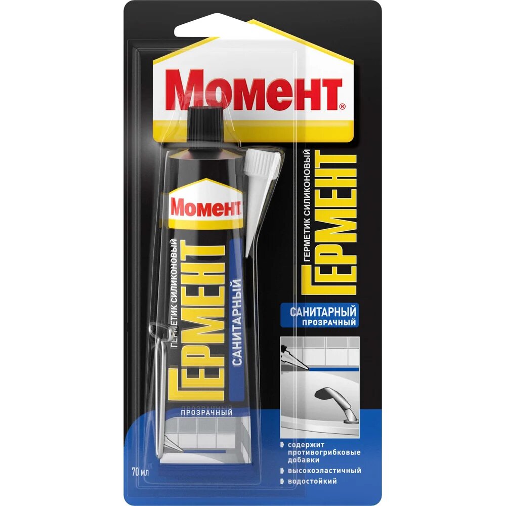 Силиконовый санитарный герметик, Момент, Момент гермент прозрачный 70 мл на блистере Б0022960 1374339 3002431, 85 мл