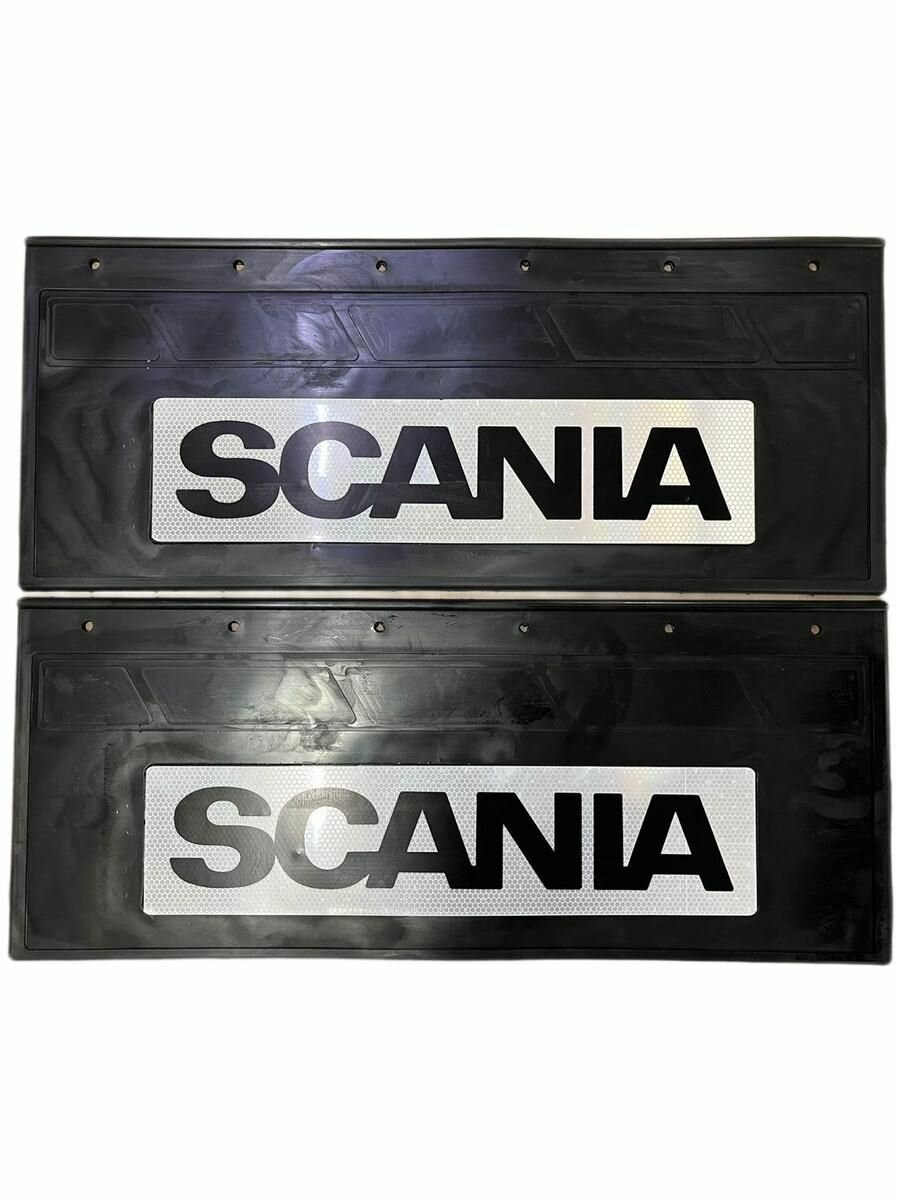 Брызговики светоотражающие 2 шт (Узкие, черная резина, черная надпись в белой рамке) "SCANIA" к-т 660*270