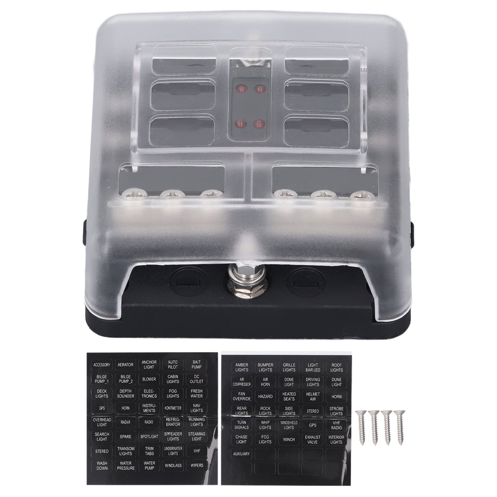 6-позиционный блок предохранителей с красным светодиодным индикатором, водонепроницаемым корпусом и максимальным напряжением DC32V для автомобиля, лодки, грузовика.