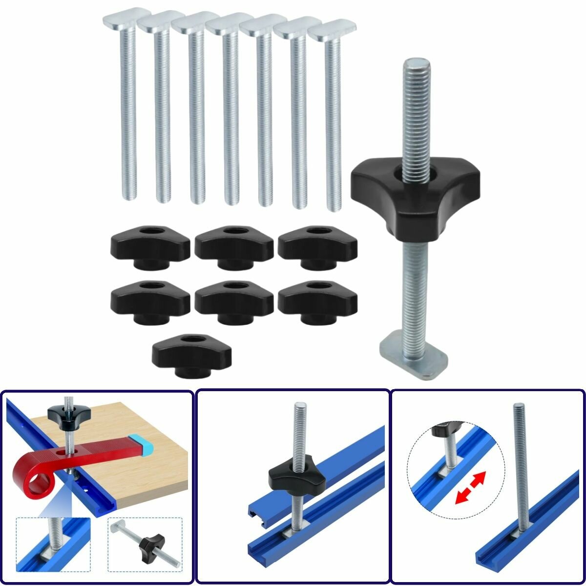 Набор Т-образных болтов и гаек M8. Шаблоны для деревообрабатывающих инструментов. Крепеж с винтовым пазом и гайкой со сквозным отверстием.