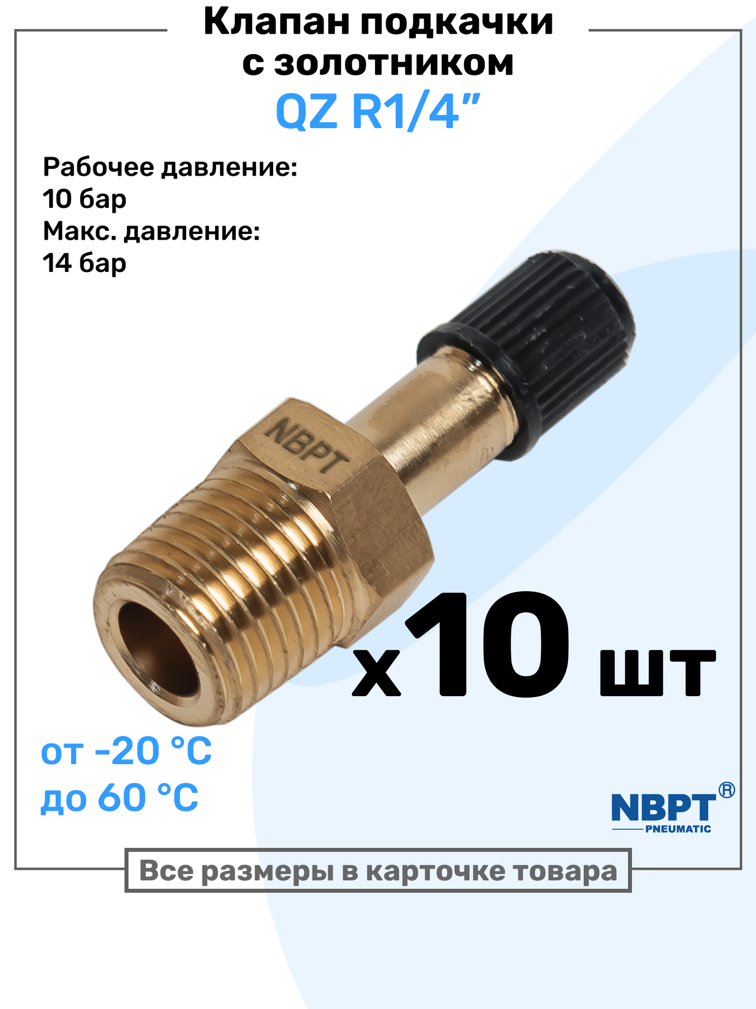 Клапан подкачки QZ 02 - R1/4", Ниппель с золотником, штуцер для подкачки, NBPT, Набор 10шт