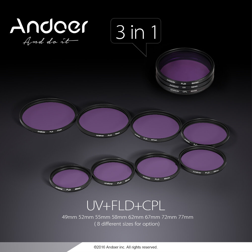 Комплект фильтров Andoer 49 мм (UV+CPL+FLD) + нейлоновый чехол для переноски + крышка объектива + держатель крышки объектива + бленда + салфетка для протирки объектива