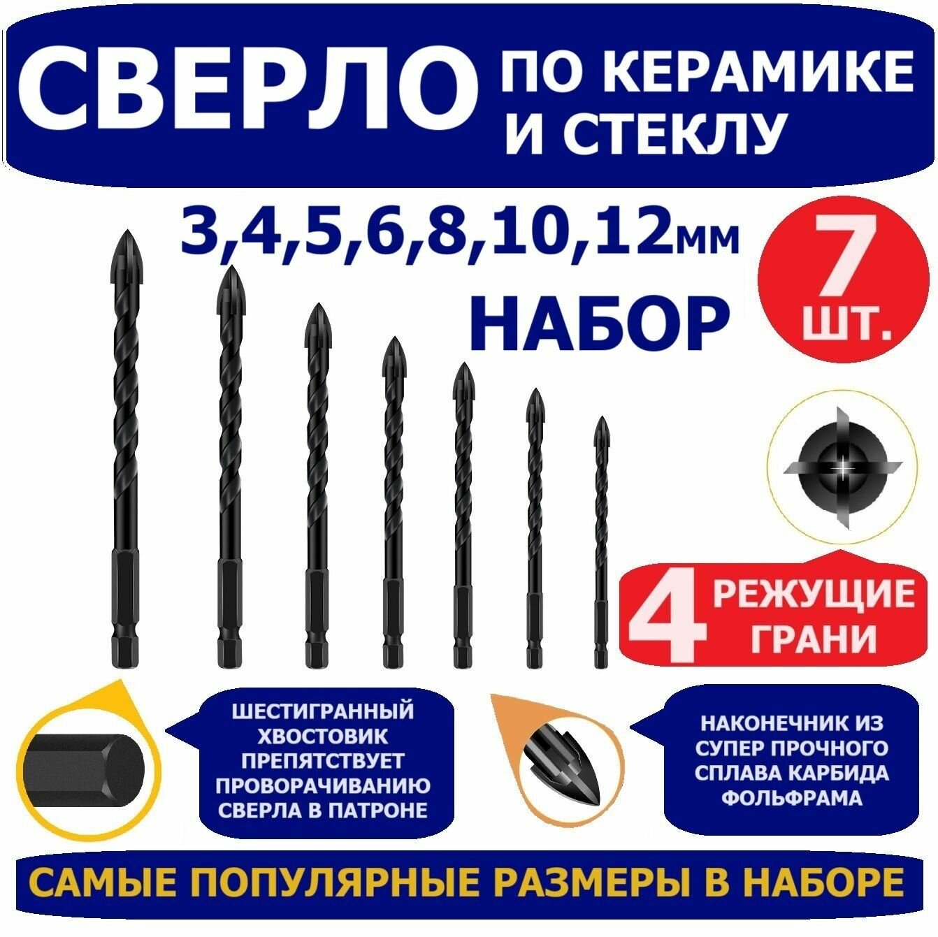 Набор сверл HSS, для стекла, керамики, кафеля, шестигранный хвостовик, 7шт