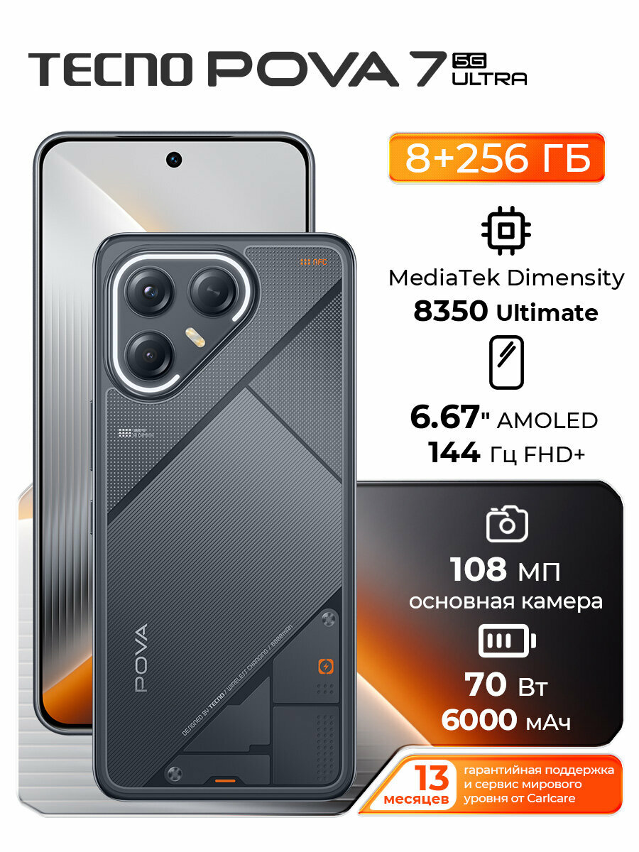 Смартфон TECNO POVA 7 Ultra 5G Ростест (EAC) 8/256 ГБ, черный RU