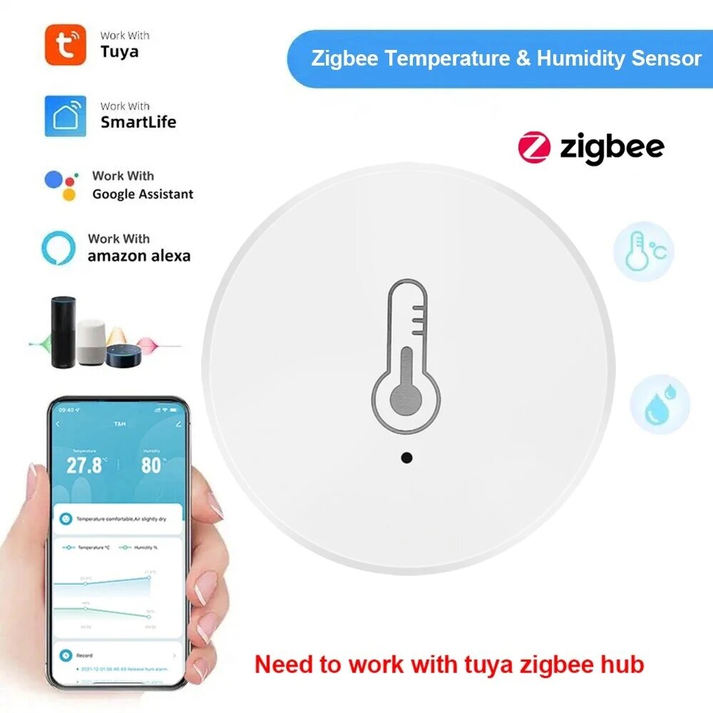 Датчик температуры и влажности Tuya Smart Zigbee, комнатный термометр для дома, работает с ассистентом Alexa Google Home