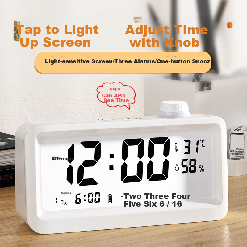 Compas Alarm Clock Student 2024 New Voice Time Announcement Electronic Children's Desktop Light-Sensing Clock B2388A White