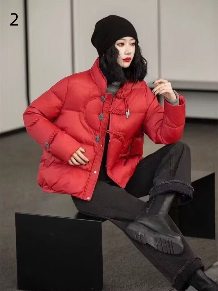 Женская короткая пуховик в китайском стиле с воротником-стойкой наполнитель из белого утиного пуха.