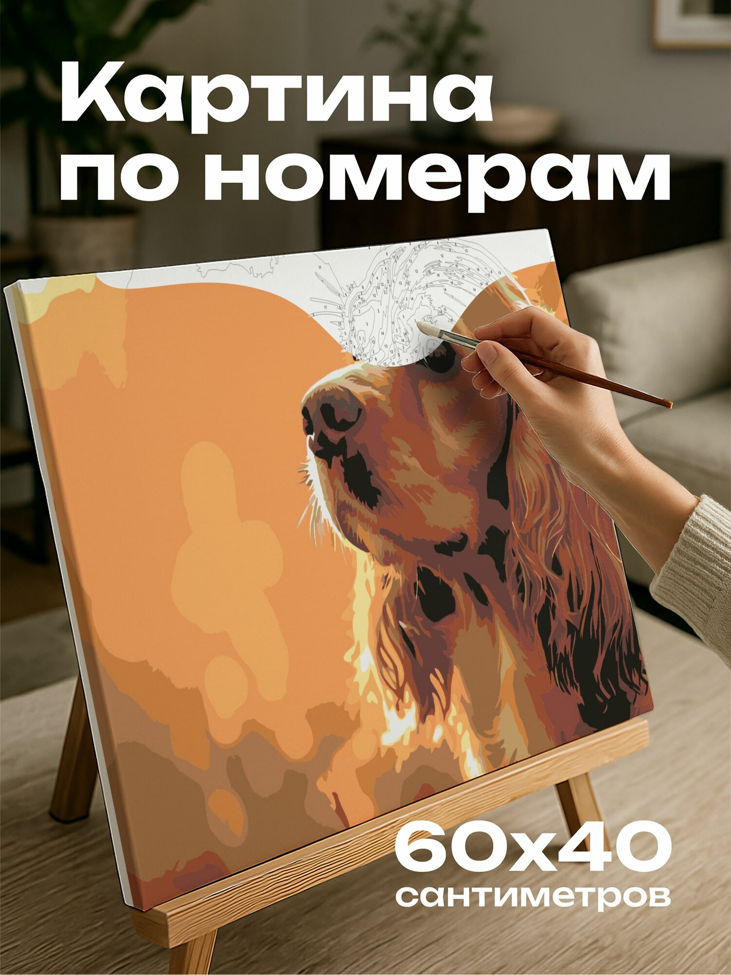 Картина по номерам 60x40 см, Кокер-спаниель, естественная обстановка, открытый воздух, золотистый солнечный свет, 2.8L