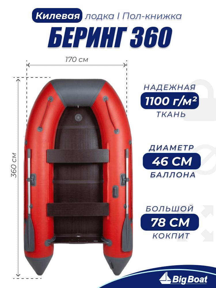 Надувная, под мотор, килевая лодка из ПВХ для рыбалки Bering (Беринг) 360К пол-книжка