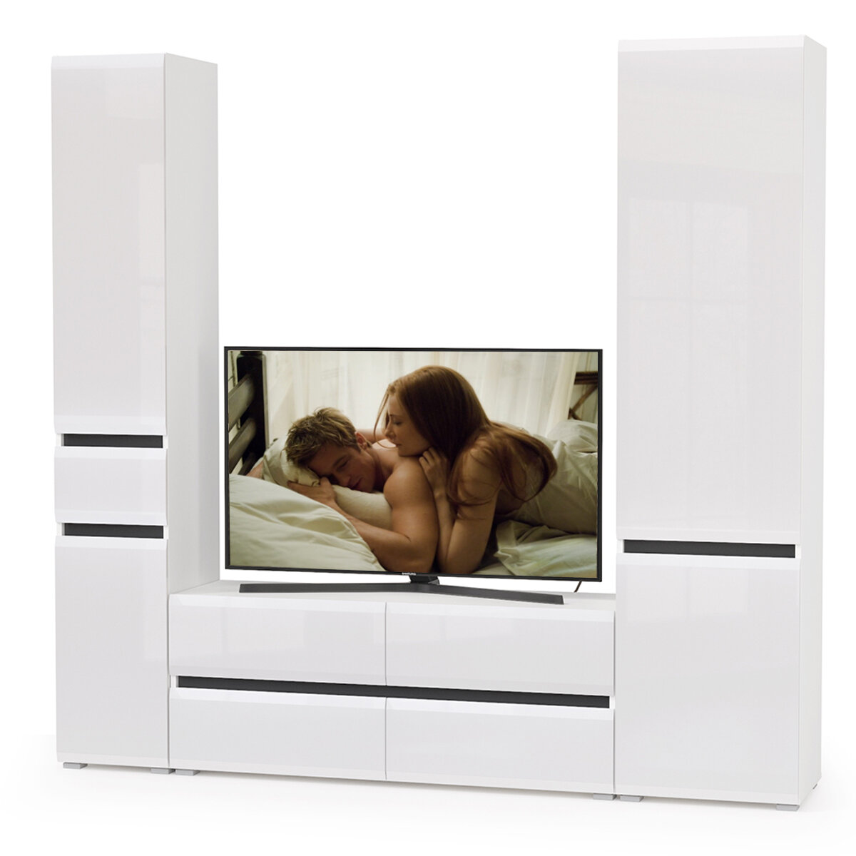 Мебельная глянцевая Мини-Стенка для гостиной под телевизор 210см белый/чёрный/МДФ белый глянец - НЖ1585