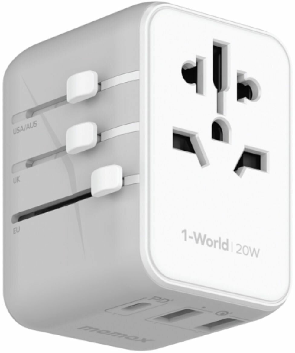 Сетевой адаптер универсальный JP/US/AU/EU/UK Momax UA11 World 2x USB-A + 1x Type-C PD 20 Вт + AC 2500 Вт
