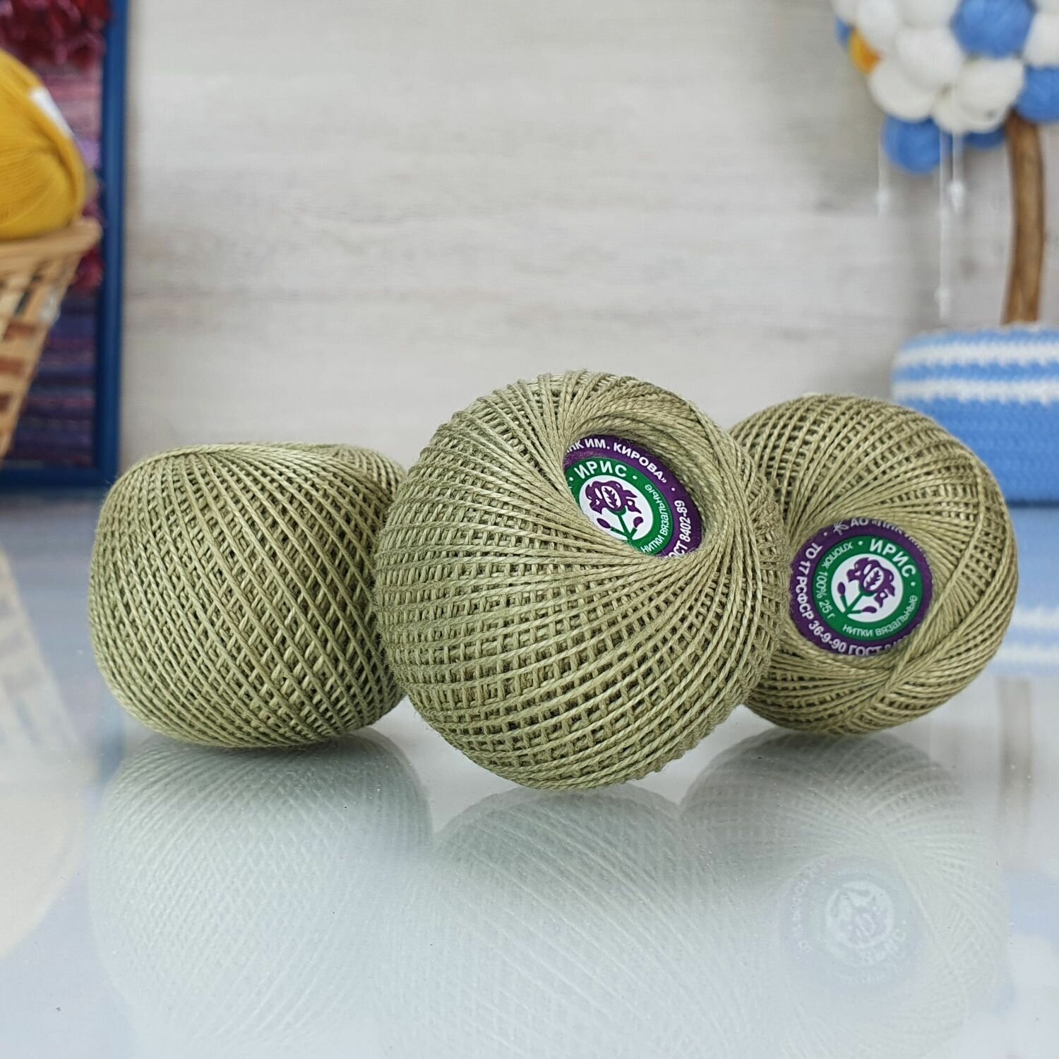 Пряжа ПНК им. С. М. Кирова Ирис набор 6 шт, св. хаки - 6604_1, 100% мерсеризованный хлопок, 6 мотков, 25 г, 150 м.