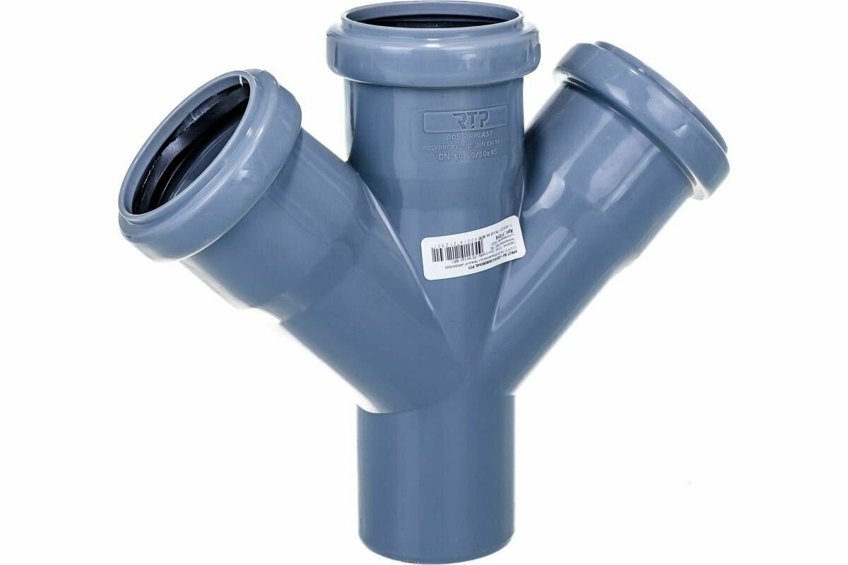 Крестовина одноплоскостная 50х50х50/45°, для внутренней канализации, серая, ПОЛИТЭК | 135545