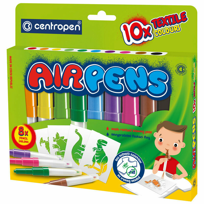 Фломастеры воздушные Centropen "AirPens Textile", 10цв.+8 трафаретов, картон. упаковка, европодвес, 335995